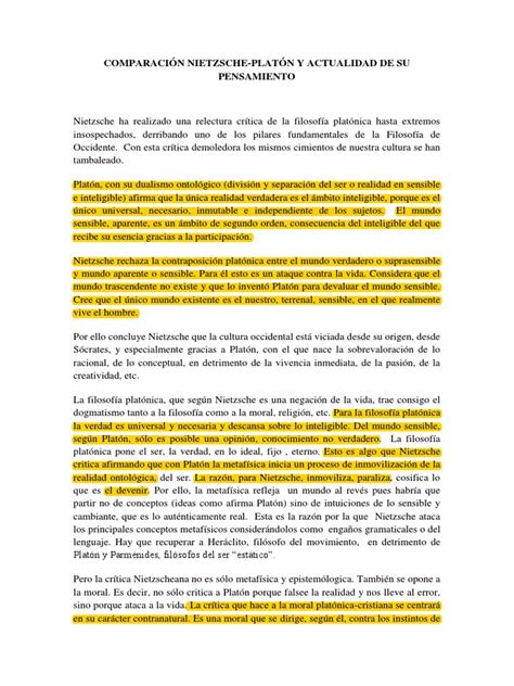 Comparación Nietzsche Platón Y Actualidad De Su Pensamiento Pdf