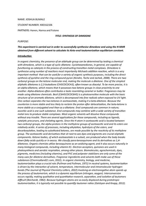 Dimidone Sysnthesis Organic Synthesis Of Dimedone Name Joshua
