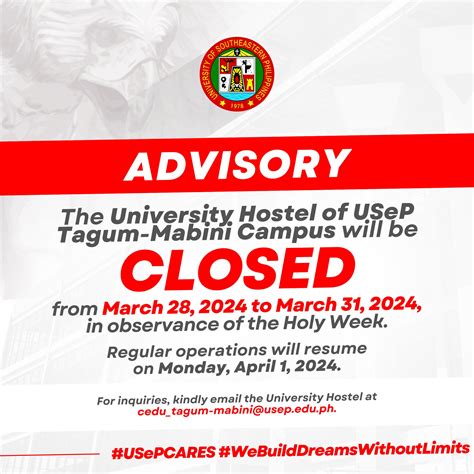 University [𝗔𝗗𝗩𝗜𝗦𝗢𝗥𝗬] The University Hostel Of Usep Tagum Mabini Campus Will Be Closed From