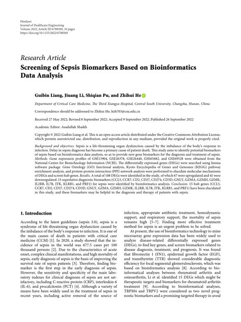 Pdf Screening Of Sepsis Biomarkers Based On Bioinformatics Data Analysis