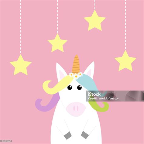 유니콘 매달려 별 대시 라인입니다 파스텔 컬러 무지개 머리 화이트 데이지 카모마일 평면 누워 디자인입니다 귀여운 만화 귀 엽 다