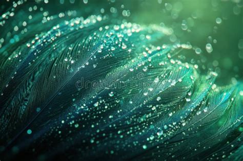 Close Up Of Vibrant Peacock Feather Adorned With Dew Drops Creating A