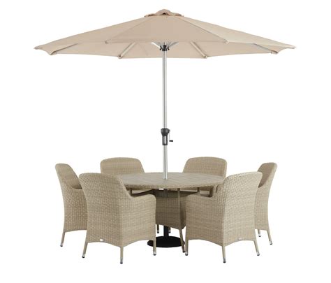 Bramble Crest Bude 135cm Round Table 6 Armchairs Parasol And Base Nutmeg • Homeleigh Garden