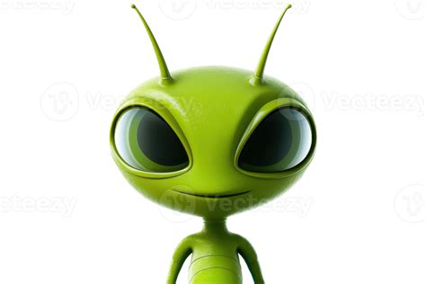 Cute Green Alien Character With Large Eyes And Antennas Smiling
