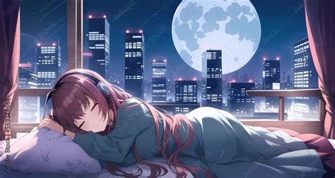 A Beautiful Anime Lo Fi Girl Chilling At Night Generative Ai Stock