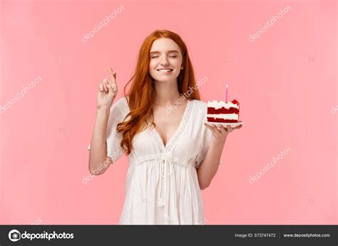 Celebration Happiness Concept Attractive Dreamy Redhead Girl Lovely White Dress Stock Photo
