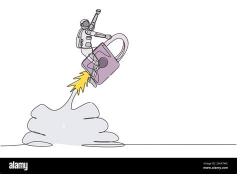 Single One Line Drawing Young Astronaut Riding Padlock Rocket Flying In Moon Surface Improving