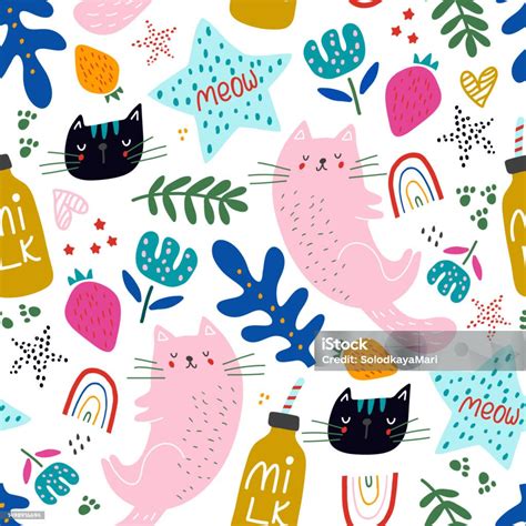 만화 분홍색 고양이와 함께 매끄러운 현대 유치한 패턴 별 고양이 무지개 딸기 하트 우유가 있는 매우 상세한 어린이 질감 벡터