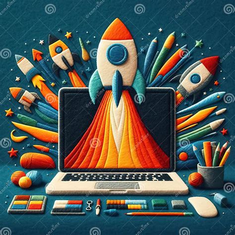 Felt Art Patchwork Sleek Rocket Blasting Off From An Open Laptop