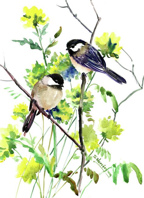 Chickadees And Spring Blossom Painting By Suren Nersisyan Fine Art