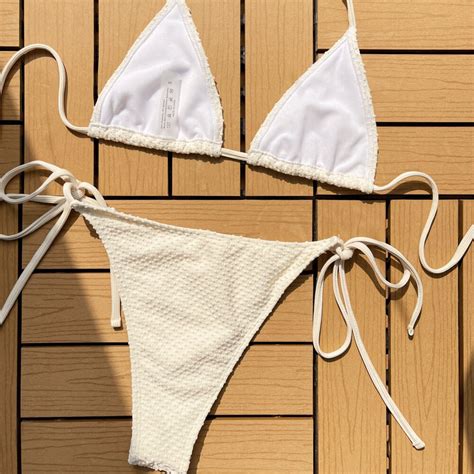 Chic Textured Tie String Cheeky Slide Triangle Brazilian Two Piece Bik