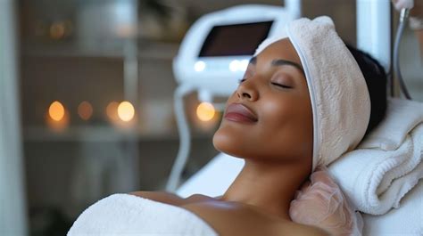 Relaxed Woman Enjoying Ultrasound Cavitation Treatment In A Modern Spa