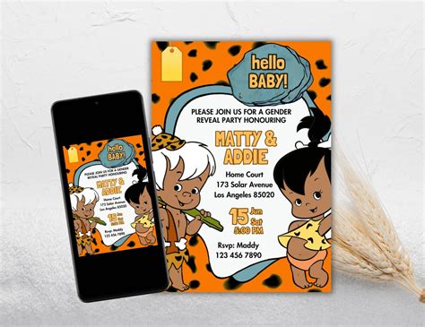 Pebbles And Bam Bam Gender Reveal Invitation Flintstones African American Gender Reveal Invite