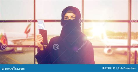 Muslim Woman With Ticket And Passport At Airport Stock Image Image Of