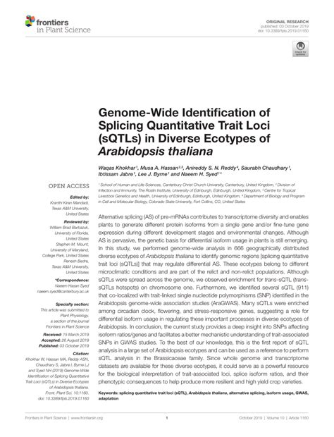 Pdf Genome Wide Identification Of Splicing Quantitative Trait Loci Sqtls In Diverse Ecotypes