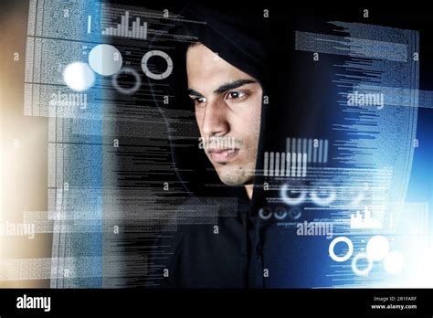data analysis digital overlay and man hacker or programmer in night hacking programming or
