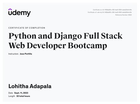 Udemy Course Completion Certificate Lohitha Adapala
