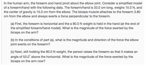 Solved In The Human Arm The Forearm And Hand Pivot About Chegg Com