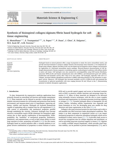 Pdf Synthesis Of Bioinspired Collagenalginatefibrin Based Hydrogels