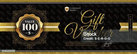 반짝이 골드 고급 요소와 선물 바우처 템플릿입니다 벡터 그림입니다 기프트 바우처 는 기요쉐 디자인 요소로 100 달러입니다 금