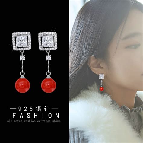 925银针耳环女韩国时尚名媛气质红色仿珍珠耳饰长款百搭个性耳坠虎窝淘