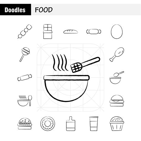 los iconos dibujados a mano de alimentos establecidos para infografías