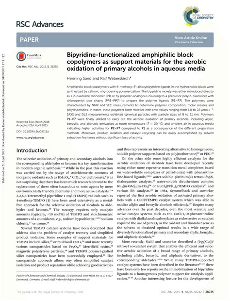 Pdf Bipyridine Functionalized Amphiphilic Block Copolymers As Support Materials For The