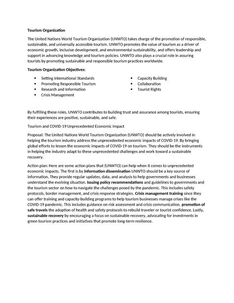 Tourism Organization Summary B S Hospitality Management Tourism Organization The United