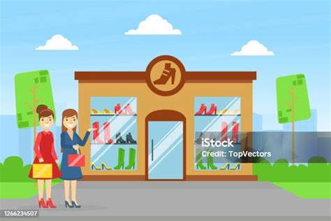 쇼핑을 하러 가는 두 명의 세련된 젊은 여성 신발 가게 만화 벡터 일러스트 앞에 쇼핑백을 들고 있는 두 소녀 가방에 대한 스톡 벡터 아트 및 기타 이미지 Istock
