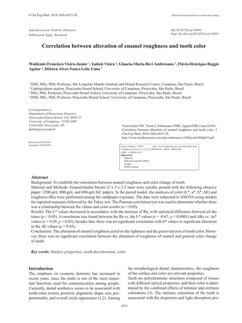 Pdf Correlation Between Alteration Of Enamel Roughness And Tooth Color