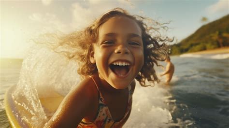 Niños Felices En La Playa Y Aprendiendo A Surfear Por Diversión Foto