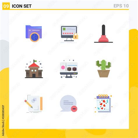 9 Thematic Vector Flat Colors And Editable Symbols Of Computer Cube Secure School Building