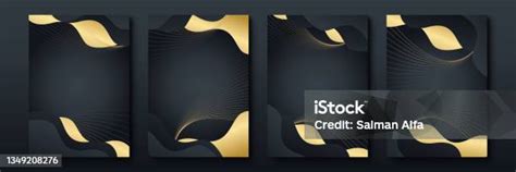 블랙 백에 황금 매끄러운 얇은 잉크 라인추상 미니멀 포스터 컬렉션 럭셔리 배너 벡터 디자인 A4 사이즈 전단지 포장 초대 커버 명함에 이상적입니다 0명에 대한 스톡 벡터