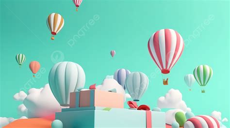 일부 집과 상자 사이를 맴도는 3d 열기구 세트 푸른 하늘 구름에 떠 있는 3d 그림 종이 미술 풍선과 푸른 하늘 배경에 있는