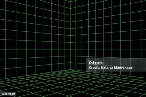 원근의 그리드 룸 3d 스타일의 벡터 일러스트레이션 녹색 선 템플릿 내부 사각형 디지털 빈 상자에서 실내 와이어 프레임 검은 색 배경에 레이저 빔 가정의 방에 대한 스톡