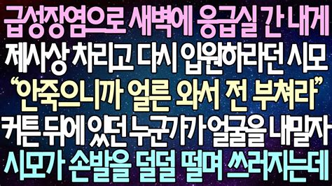 반전 사연 급성장염으로 새벽에 응급실 간 내게 제사상 차리고 다시 입원하라던 시모 커튼 뒤에 있던 누군가가 얼굴을 내밀자 시모가 손발을 덜덜 떨며 쓰러지는데 사이다사연