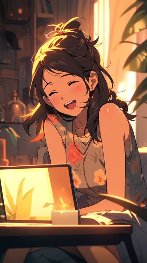 Cute Happy Anime Girl Using Laptop Computer Aesthetic 196 Photo