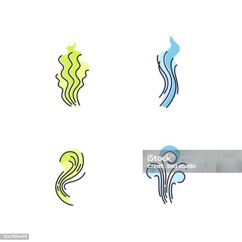 파란색과 녹색 Rgb 색상 아이콘 세트 냄새 좋은 나쁜 향기 유체 냄새 향수 향기 냄새 나는 악취 아로마 향기 곡선 연기 스트림