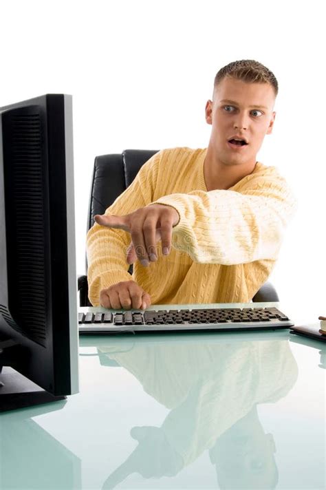 Man Pointing On Computer Screen Stock Photo Image Of Indoors Adult 7419994