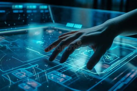 This Illustration Features A Hand Next To A Futuristic Touch Screen Exploring Information And