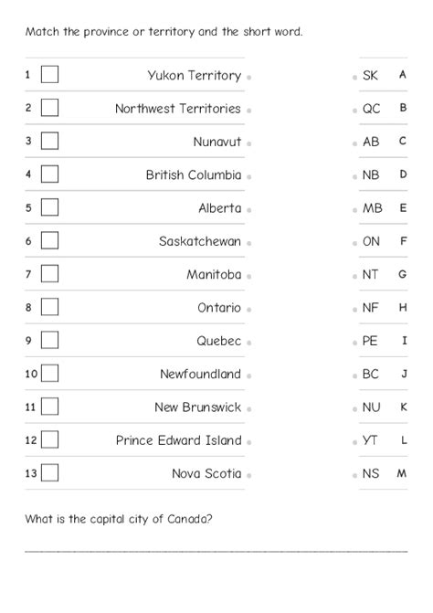 Canadian Provinces And Territories Matching Pairs Worksheet