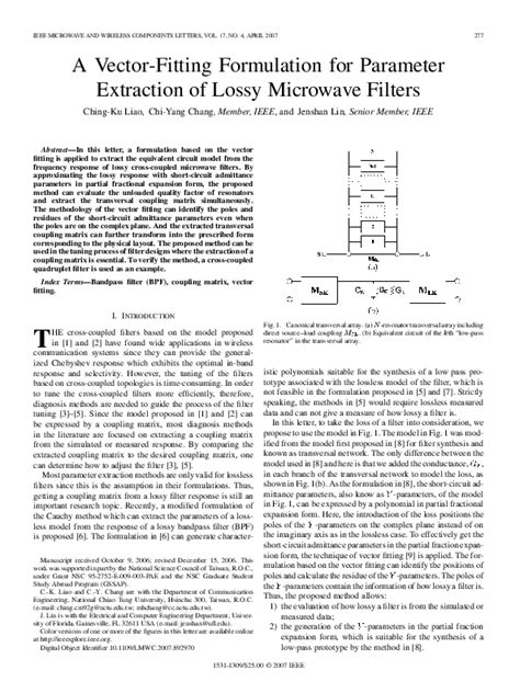 Pdf A Vector Fitting Formulation For Parameter Extraction Of Lossy Microwave Filters