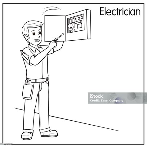 電工的向量插圖在白色背景上隔離的機械師工作和職業概念卡通人物教育和學校的孩子著色頁面可列印活動工作表快閃記憶體卡向量圖形及更多填色書 美術