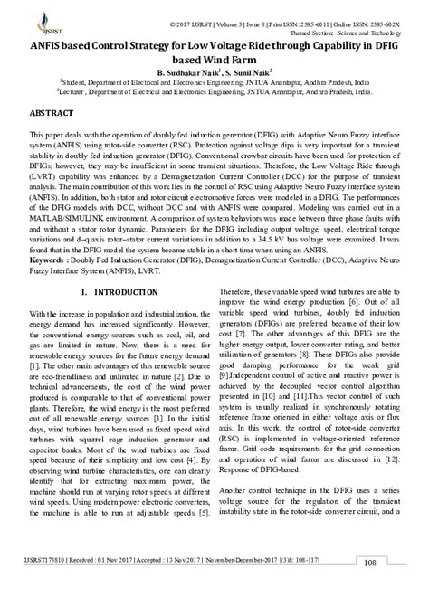 Pdf Anfis Based Control Strategy For Low Voltage Ride Through Capability In Dfig Based Wind Farm