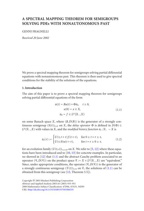 PDF A Spectral Mapping Theorem For Semigroups Solving PDEs With Nonautonomous Past