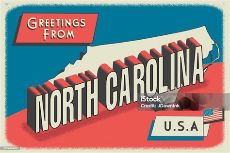 노스 캐롤라이나 주 미국 복고풍 엽서 디자인 레이아웃 3d 빈티지 애국적인 관광 스타일 텍스트 디자인에서 인사드립니다 미국 국기가 있는 빨간색과 파란색 색상 팔레트 3차원