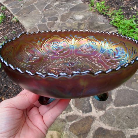 Antique Fenton Dragon And Lotus Amethyst Carnival Glass Ics Footed Bowl