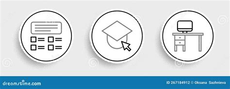 Set Line Computer Monitor And Desk Online Quiz Test Survey And Graduation Cap Globe Icon