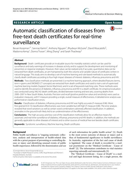 Pdf Automatic Classification Of Diseases From Free Text Death