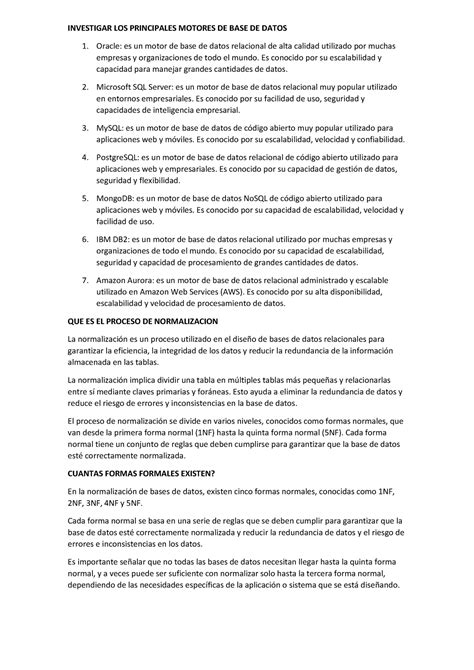 Investigar LOS Principales Motores DE BASE DE Datos INVESTIGAR LOS